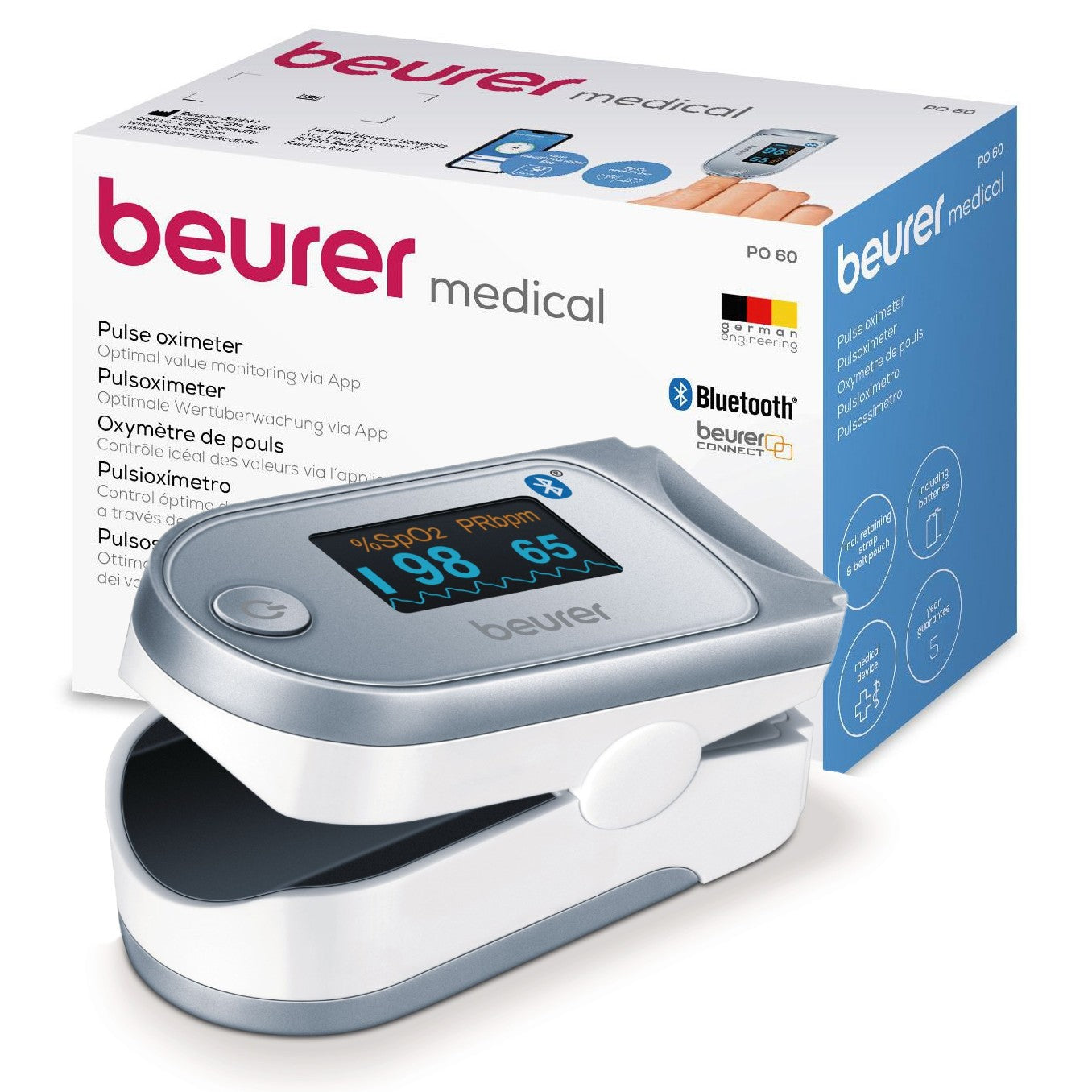 Beurer Germany PO 60 Pulse Oximeter with Bluetooth & App: Oxygen Satur